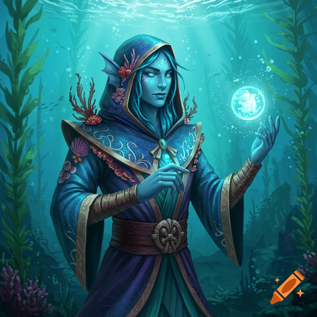 Blue skinned sea elf sorcerer in blue and purple robes on Craiyon