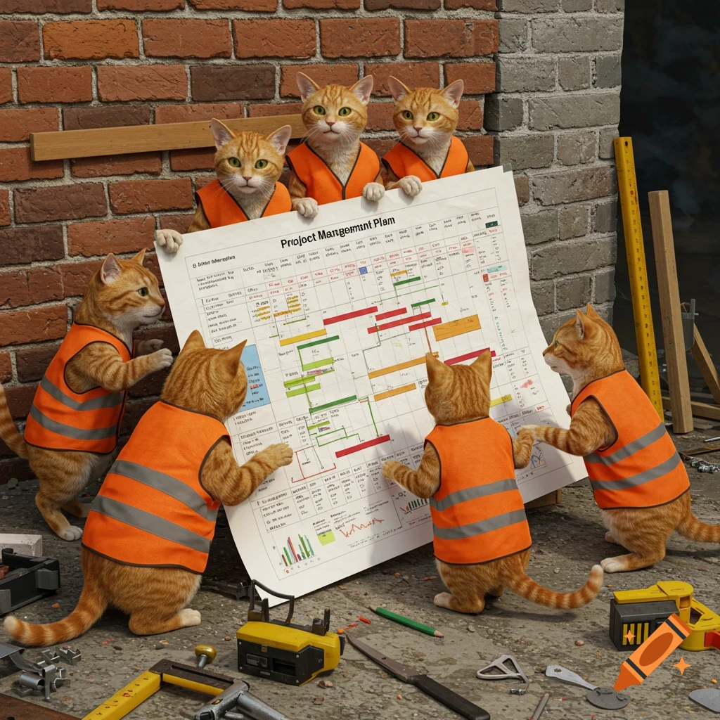 Cats in construction vests reviewing project management Gantt chart ...