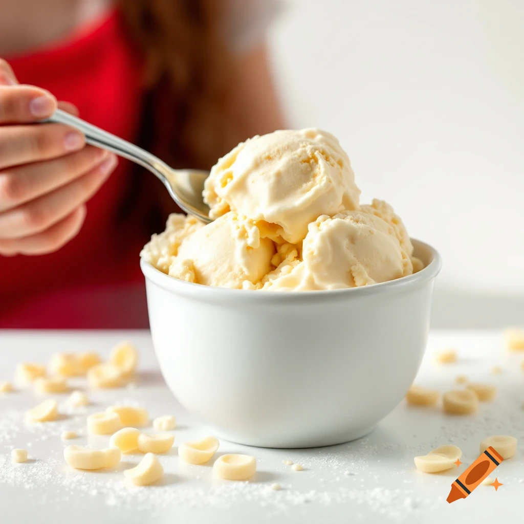 Hand scooping vanilla ice cream from a white bowl with white chocolate ...