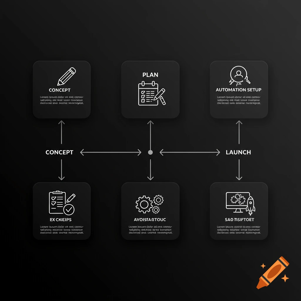 Minimalist flowchart with concept, plan, automation setup, and launch ...