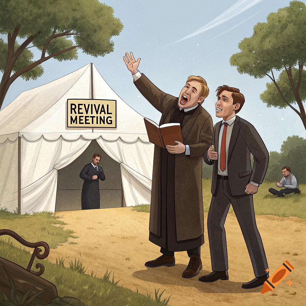 Illustration of two men preaching outside a tent labeled "Revival ...