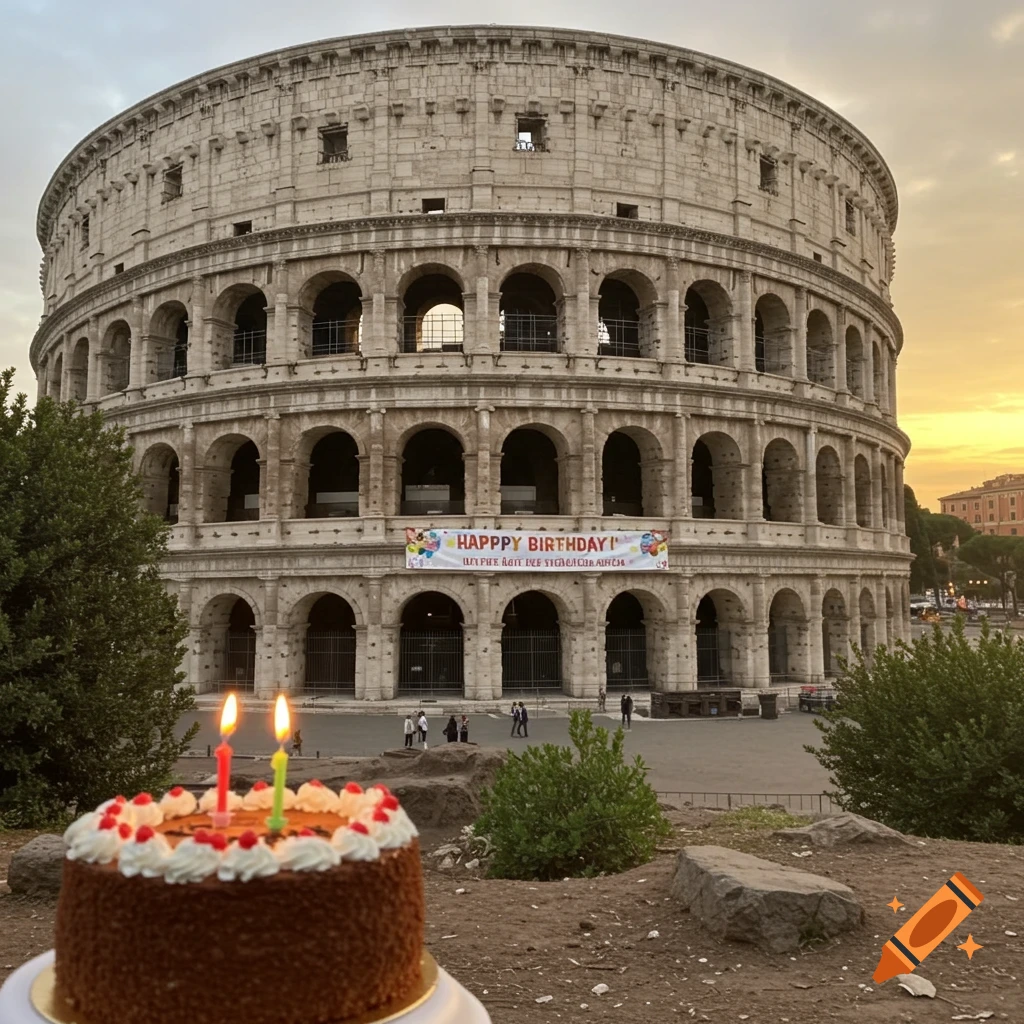 Birthday cake with candles in front of the Colosseum in Rome under ...
