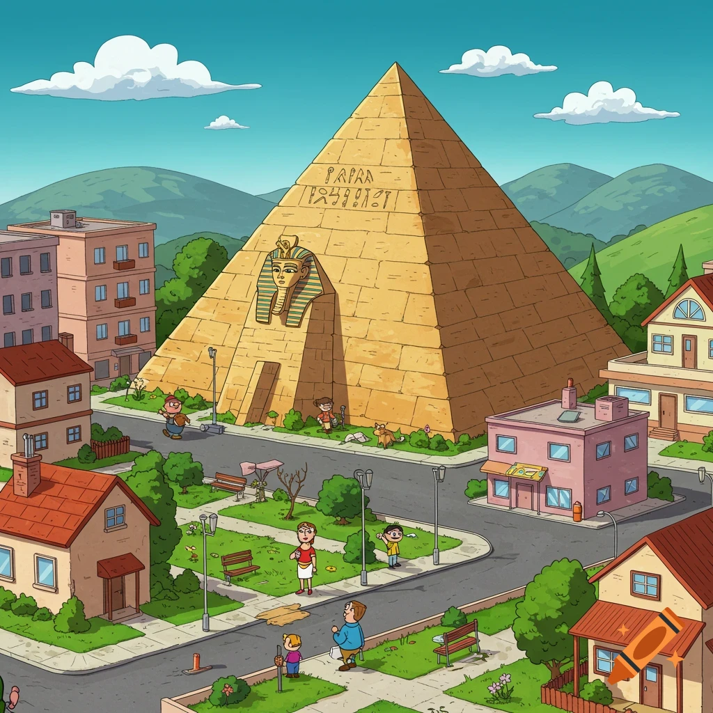 Cartoon scene of a large pyramid standing in the middle of a normal ...