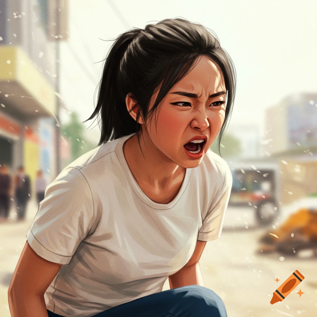 Asian woman martial fighter with a dizzy expression in a 90s movie ...