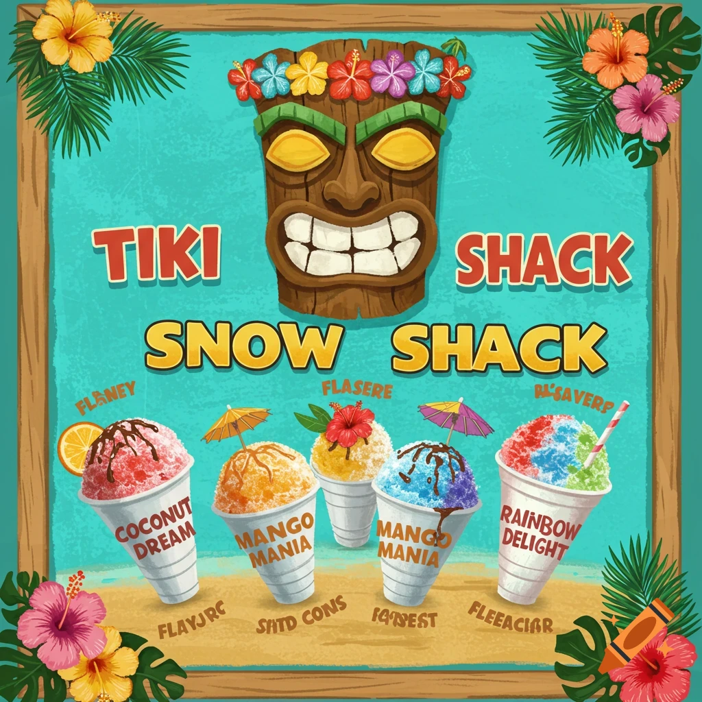 A colorful sign for a tiki-themed snow shack, featuring a tiki mask ...