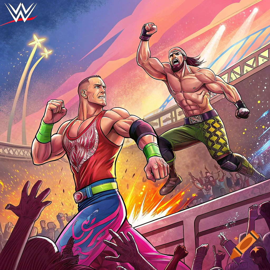 Two wrestlers grapple in a ring during a match in a large arena. on Craiyon