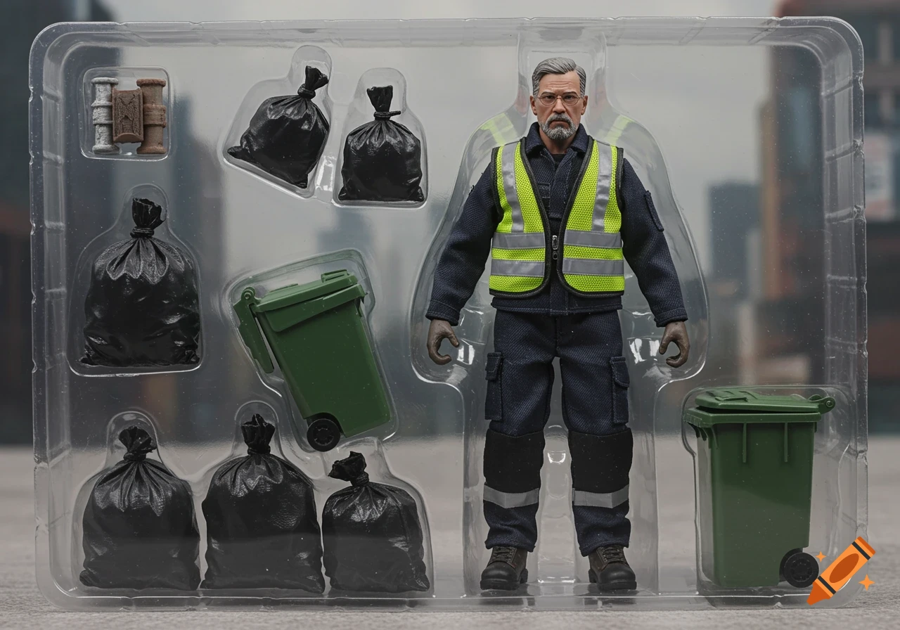 Action figure of a garbage man in packaging with miniature trash cans ...
