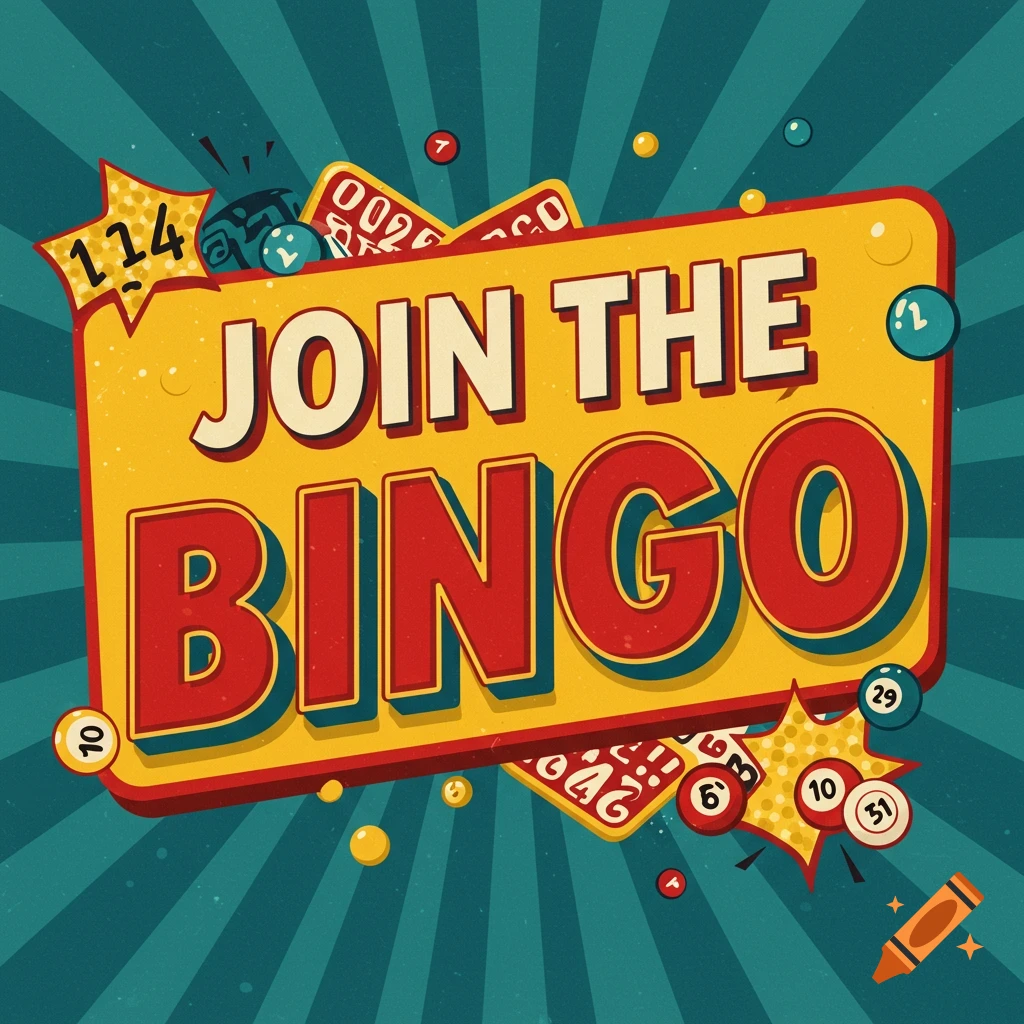 A retro-style poster for a community bingo night, featuring four ...