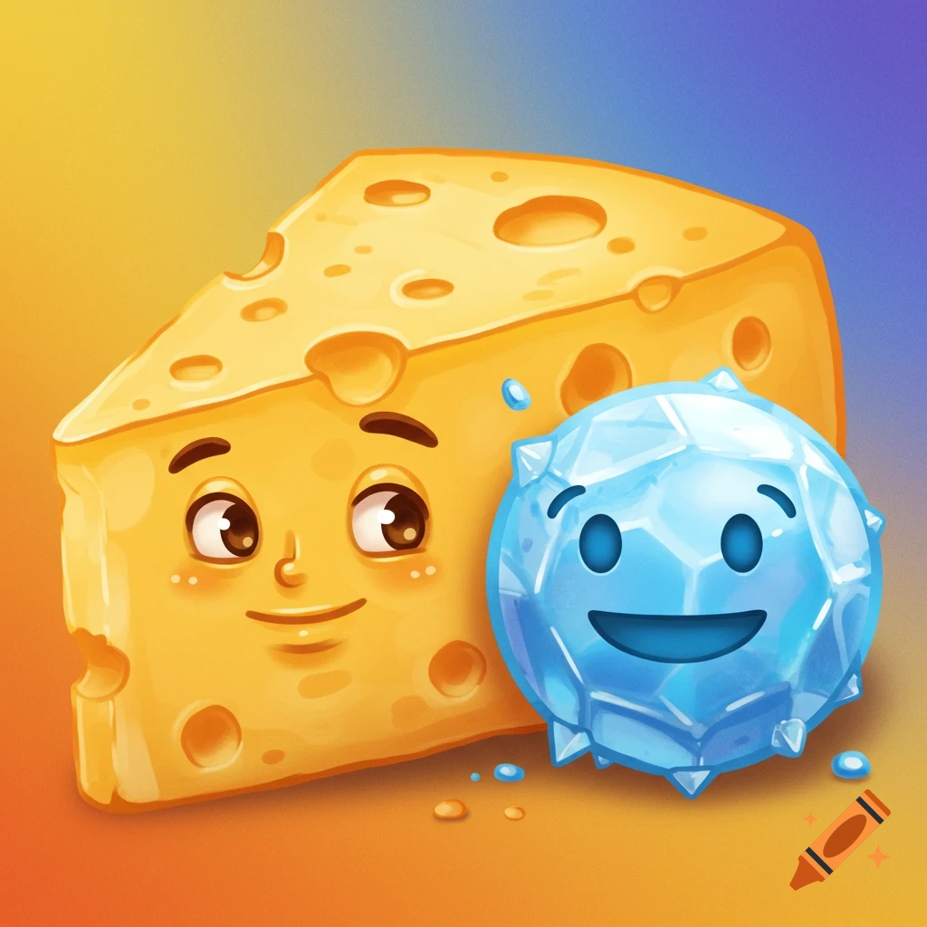 A smiling cartoon cheese wedge next to a smiling blue ice crystal. on ...