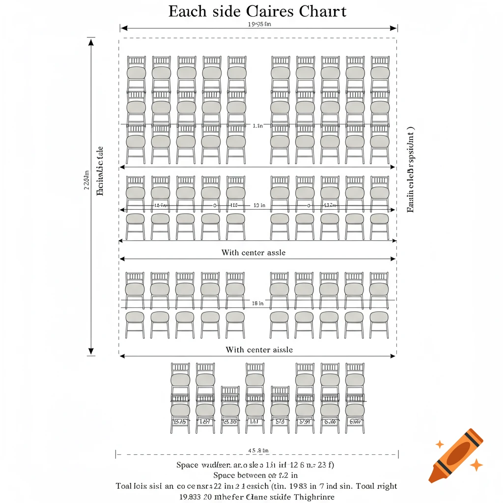 Seating chart with dimensions and calculations for chair arrangement ...