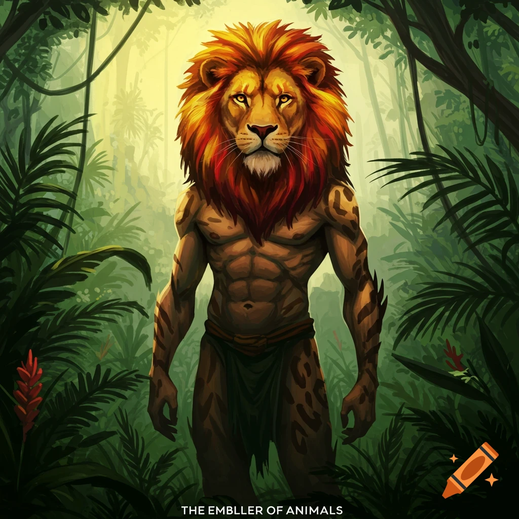 A muscular humanoid lion stands in a lush jungle. on Craiyon