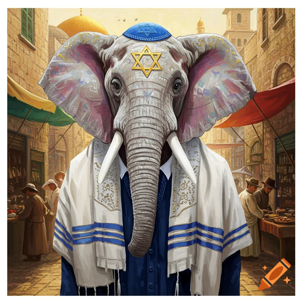 An elephant is wearing a yarmulke and tallit in a marketplace. on Craiyon