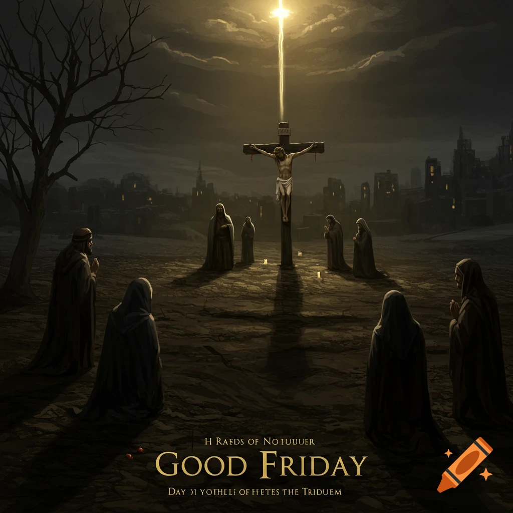 Crucifixion scene with robed figures gathered around the cross at dusk ...