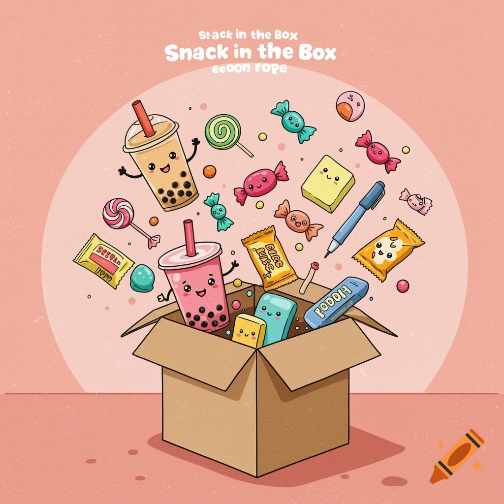 Cartoon poster for Snack in the Box econ store with boba drinks ...