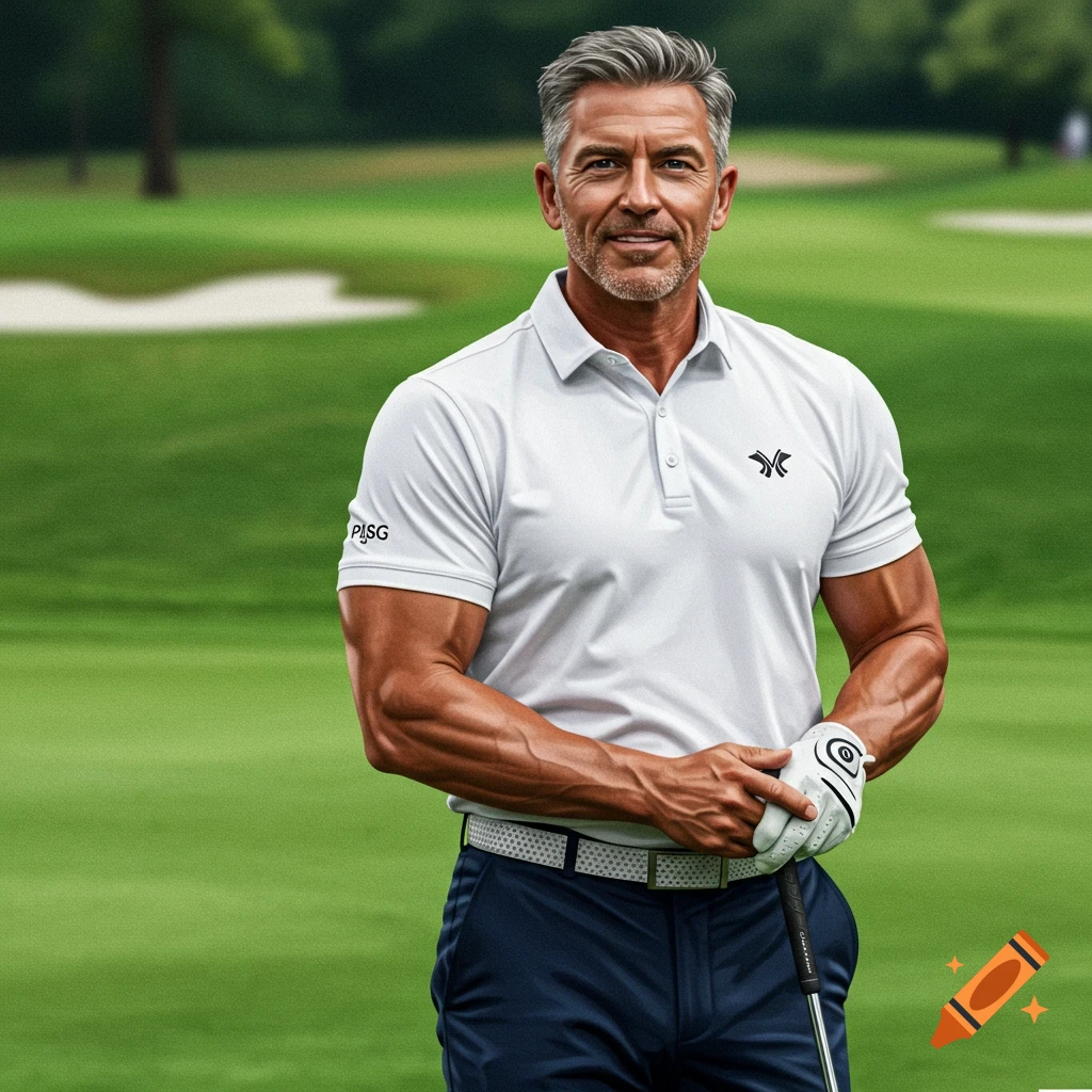 43 year old man with grey hair and big muscles in golf attire on Craiyon