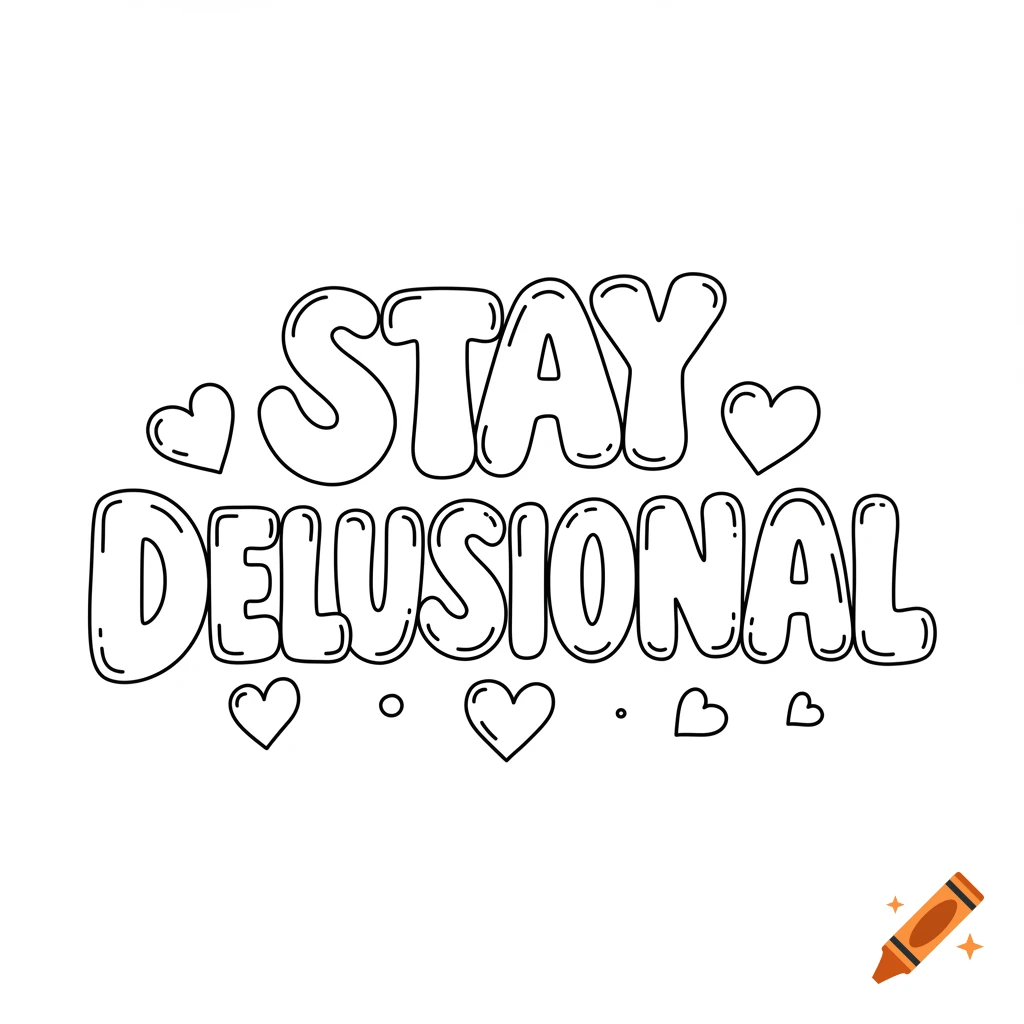Coloring page with heart and bubble letters spelling 'Stay Delusional ...