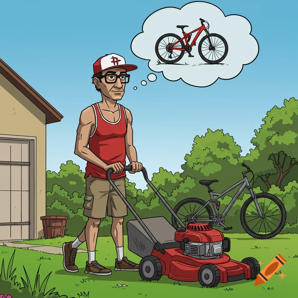 Cartoon man in a red tank top and cap mowing a lawn, thinking about ...