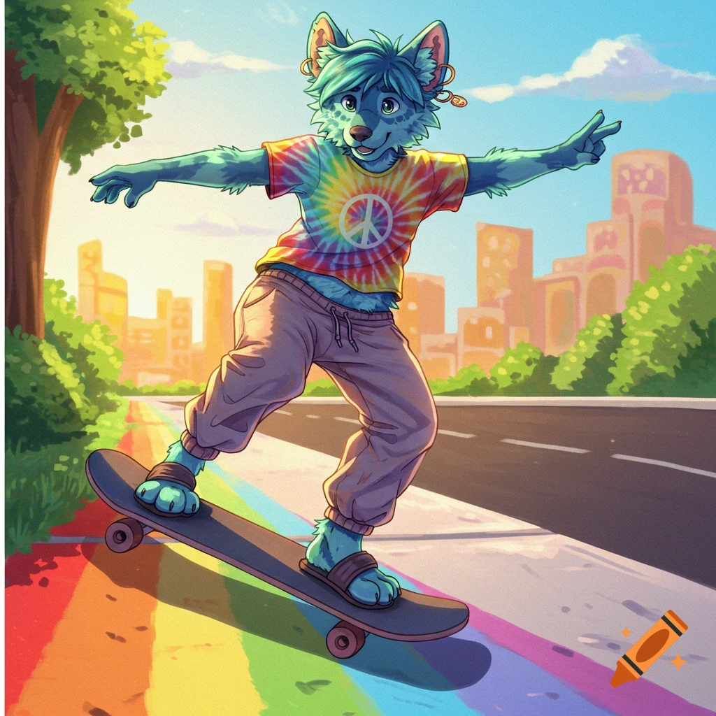 Furry hippy skateboarder in sweatpants on Craiyon