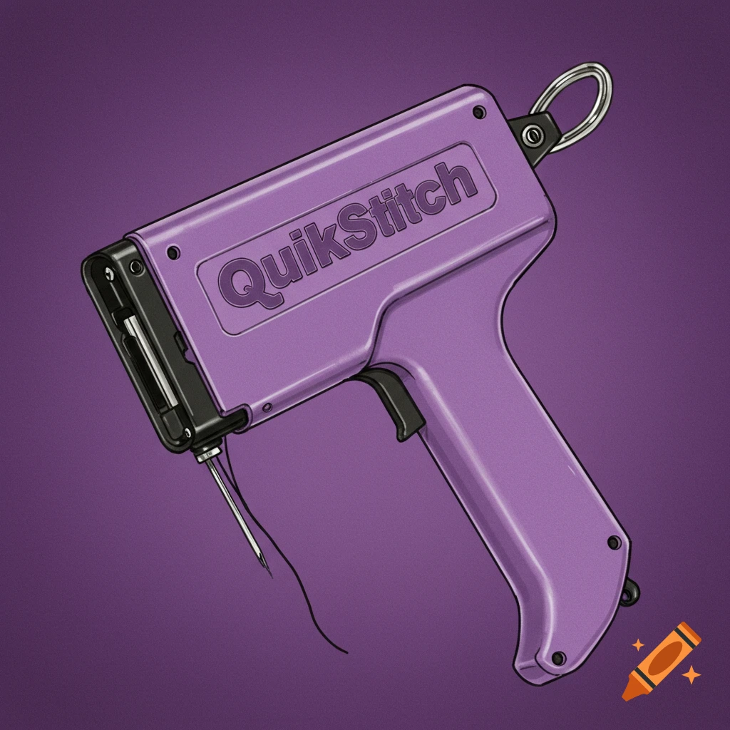 A purple tagging gun-like device with 'QuikStitch' text. on Craiyon
