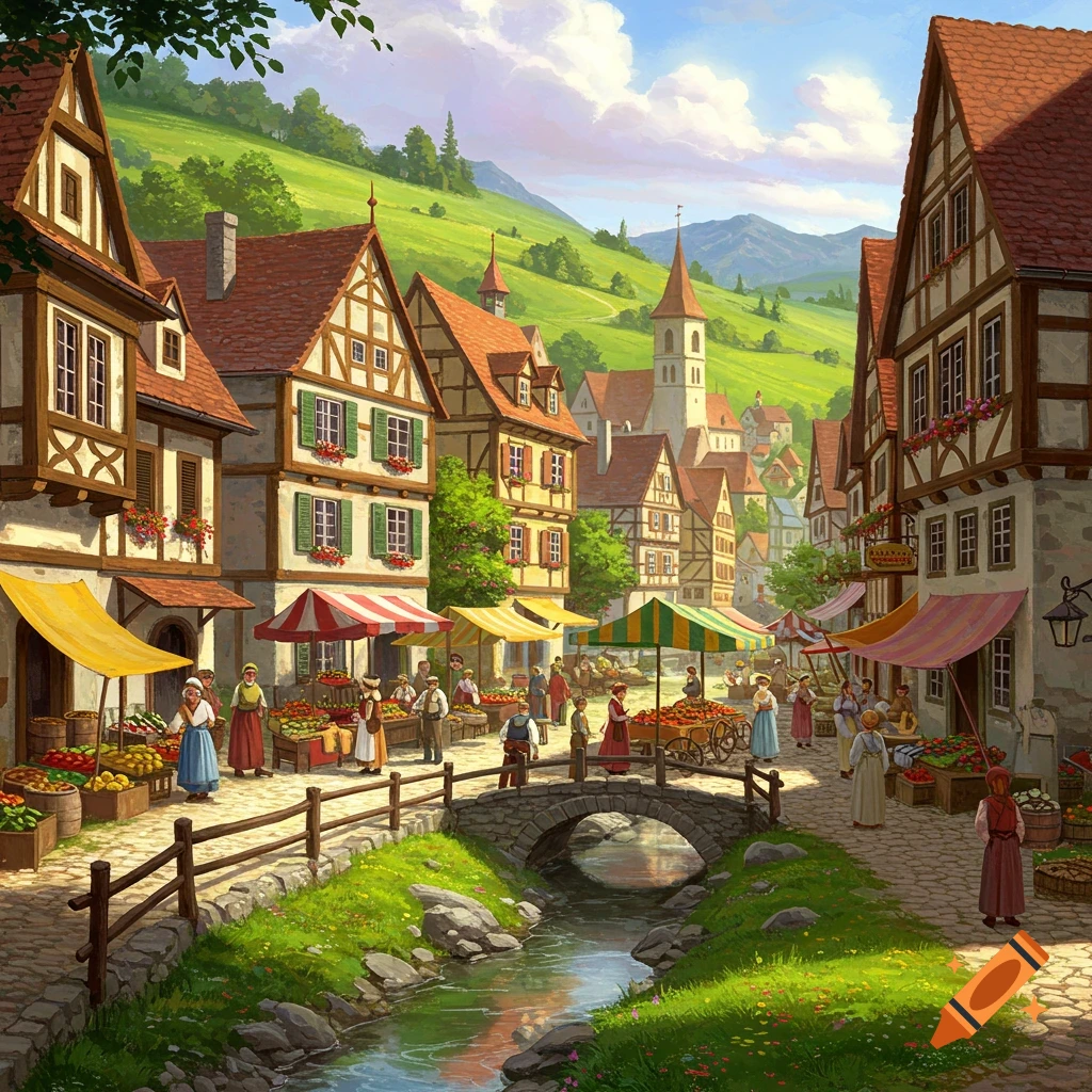 A medieval village with people, cats, and a river. on Craiyon