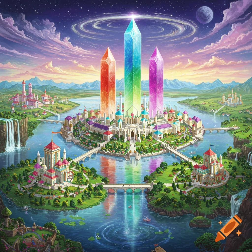 Fantasy city with gem towers between four lakes, multicolored. on Craiyon