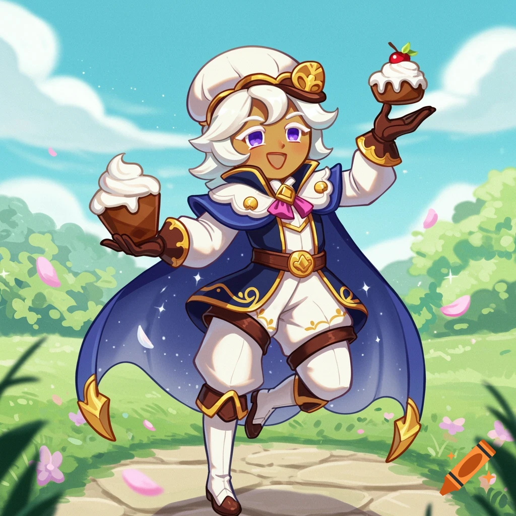 Anime style fantasy character holding cupcakes in a grassy field on Craiyon