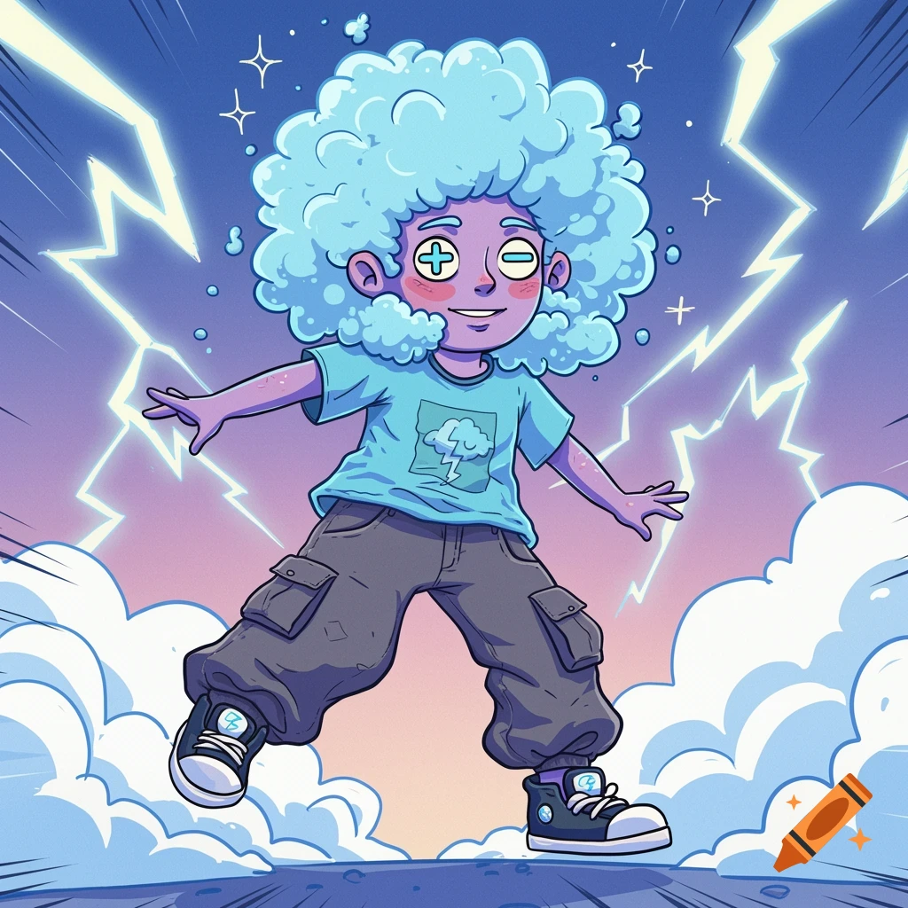 Cartoon god of lightning with blue cloud hair in skater outfit on Craiyon