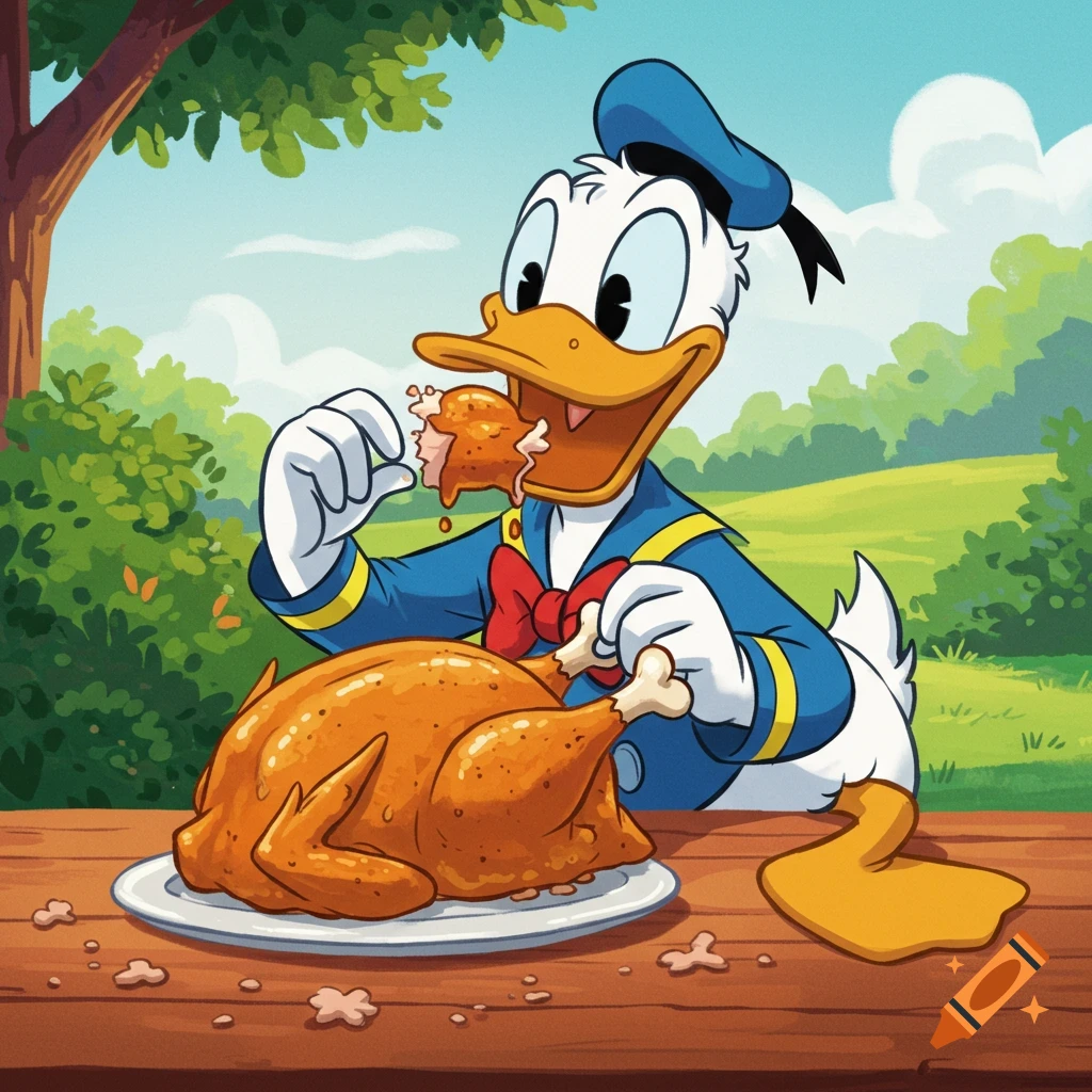 Cartoon illustration of Donald Duck eating a cooked chicken at a table ...