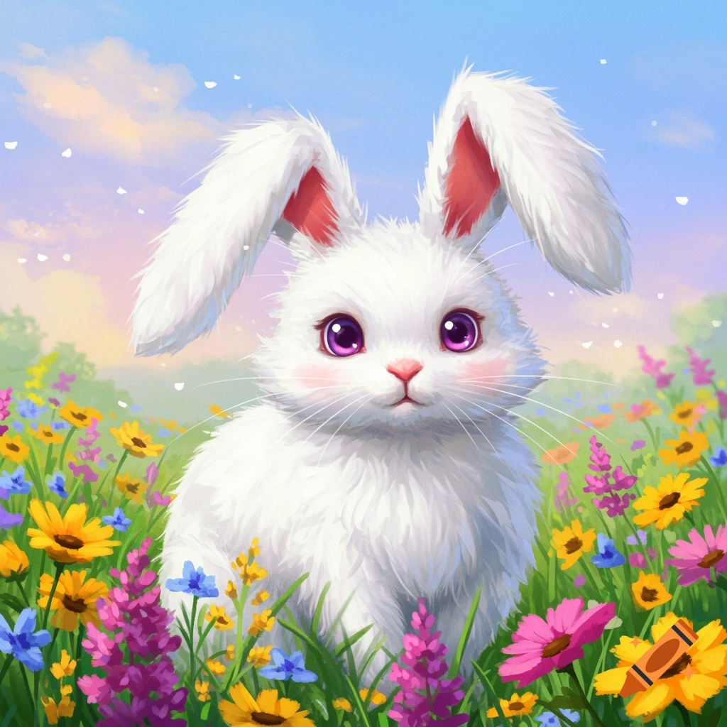 A white fluffy bunny with bright pink eyes sitting in a field of ...