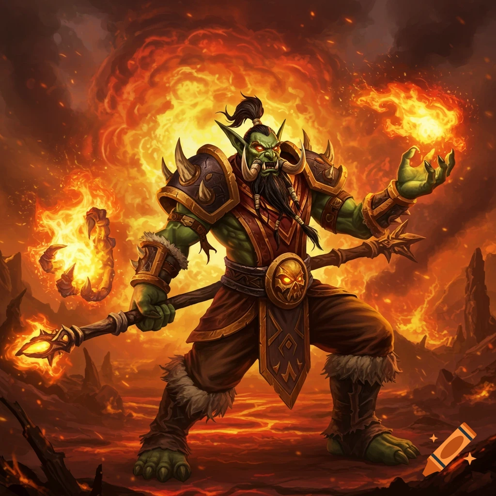 Orc casting fire magic in a volcanic landscape on Craiyon