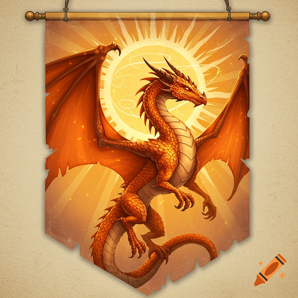 Orange dragon with golden sun banner on Craiyon