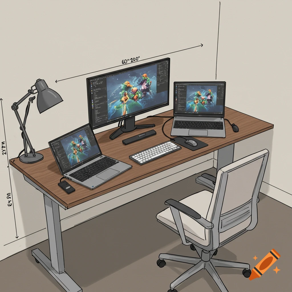 60x30 inch desk setup with three 24-inch monitors and two laptops on ...