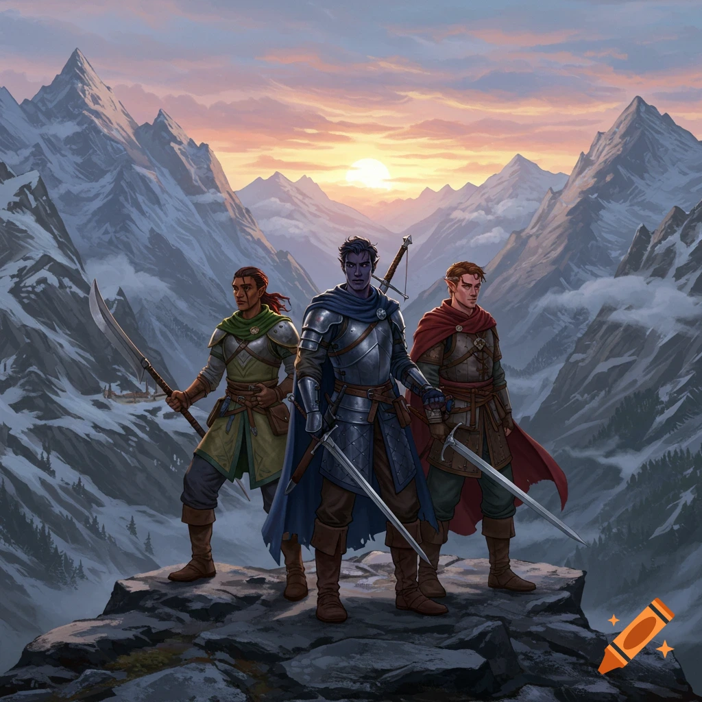 Illustration of three fantasy adventurers standing on a mountain ...