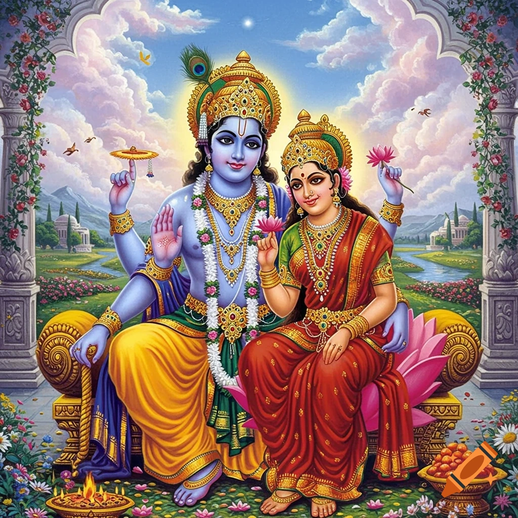 Lord Vishnu and Goddess Lakshmi seated in a celestial realm. on Craiyon