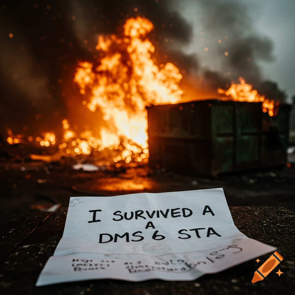 Close-up of a handwritten note reading 'I survived a DMS6 STA' in front ...