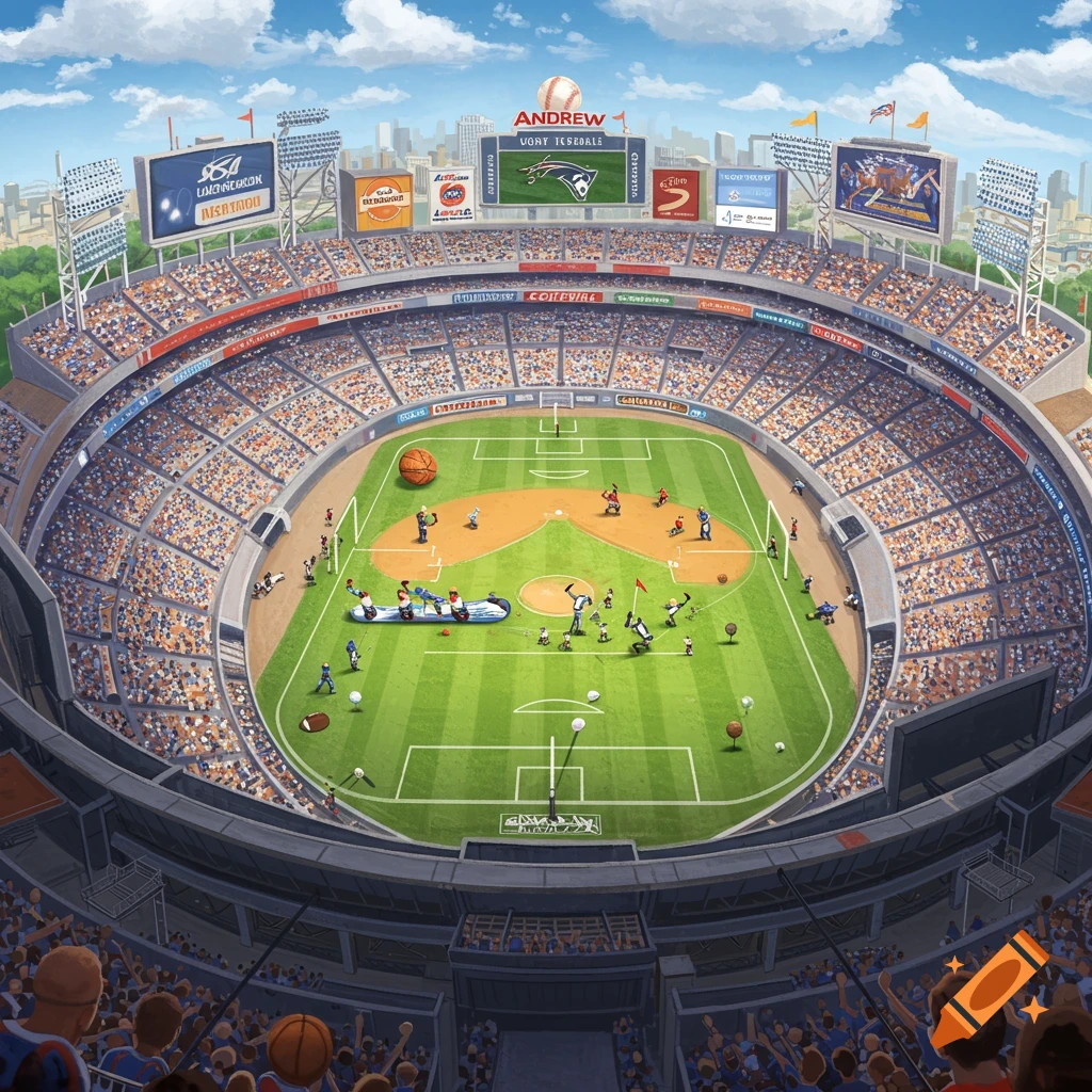 Stadium combining baseball, basketball, football, snowboarding, and ...