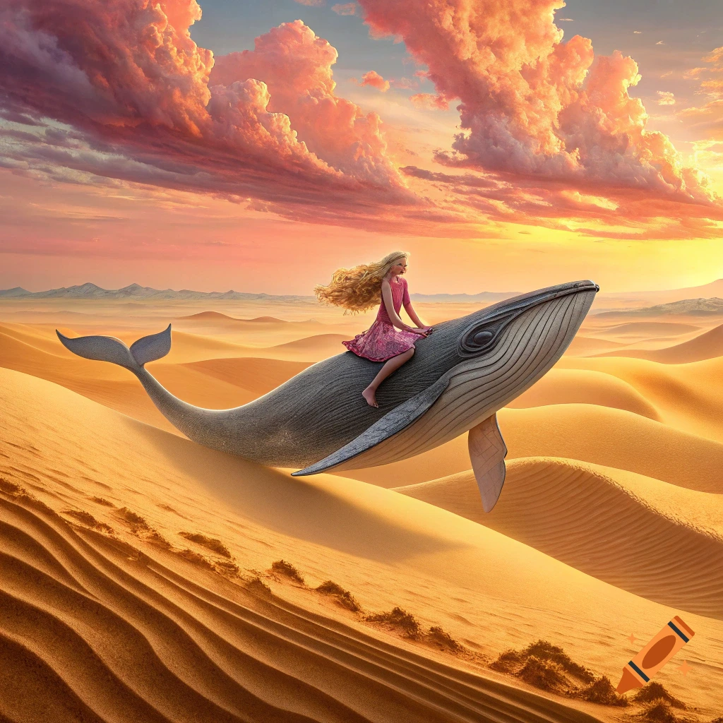 A girl riding a whale through a desert landscape at sunset. on Craiyon