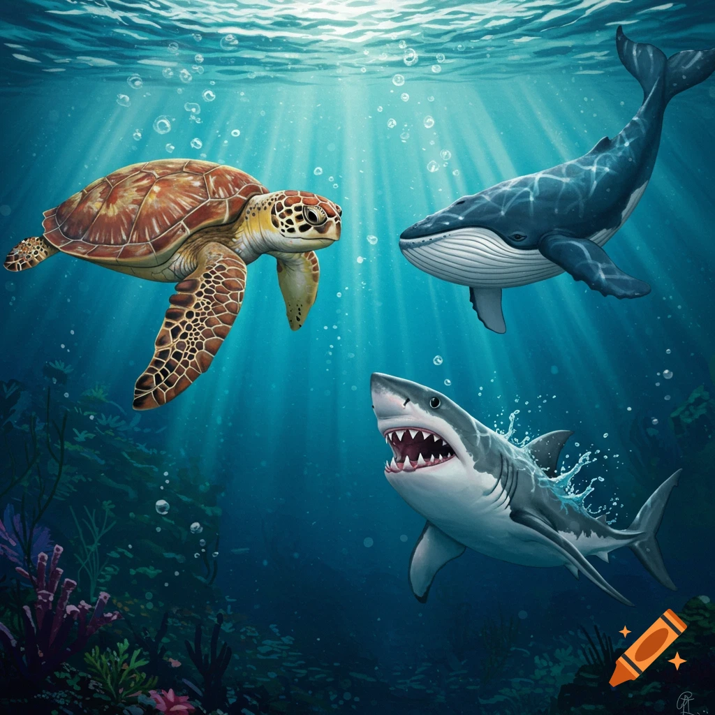 A whale shark wearing a striped party hat, swimming underwater over a ...