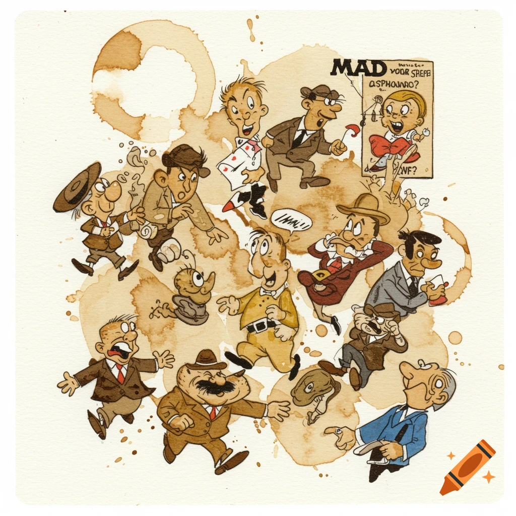 Collage of cartoony characters in the style of Mad Magazine with coffee ...