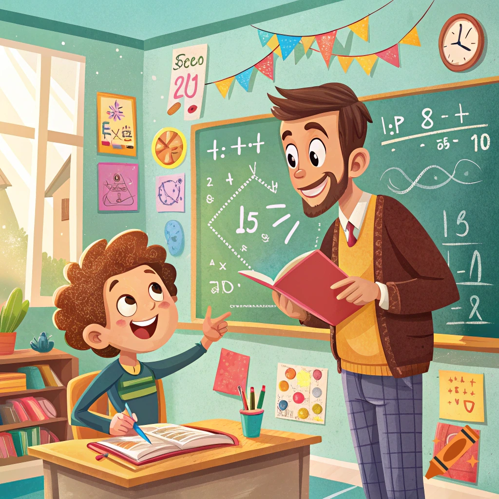 Cartoon of cheerful 12-year-old boys in math class with an attractive ...