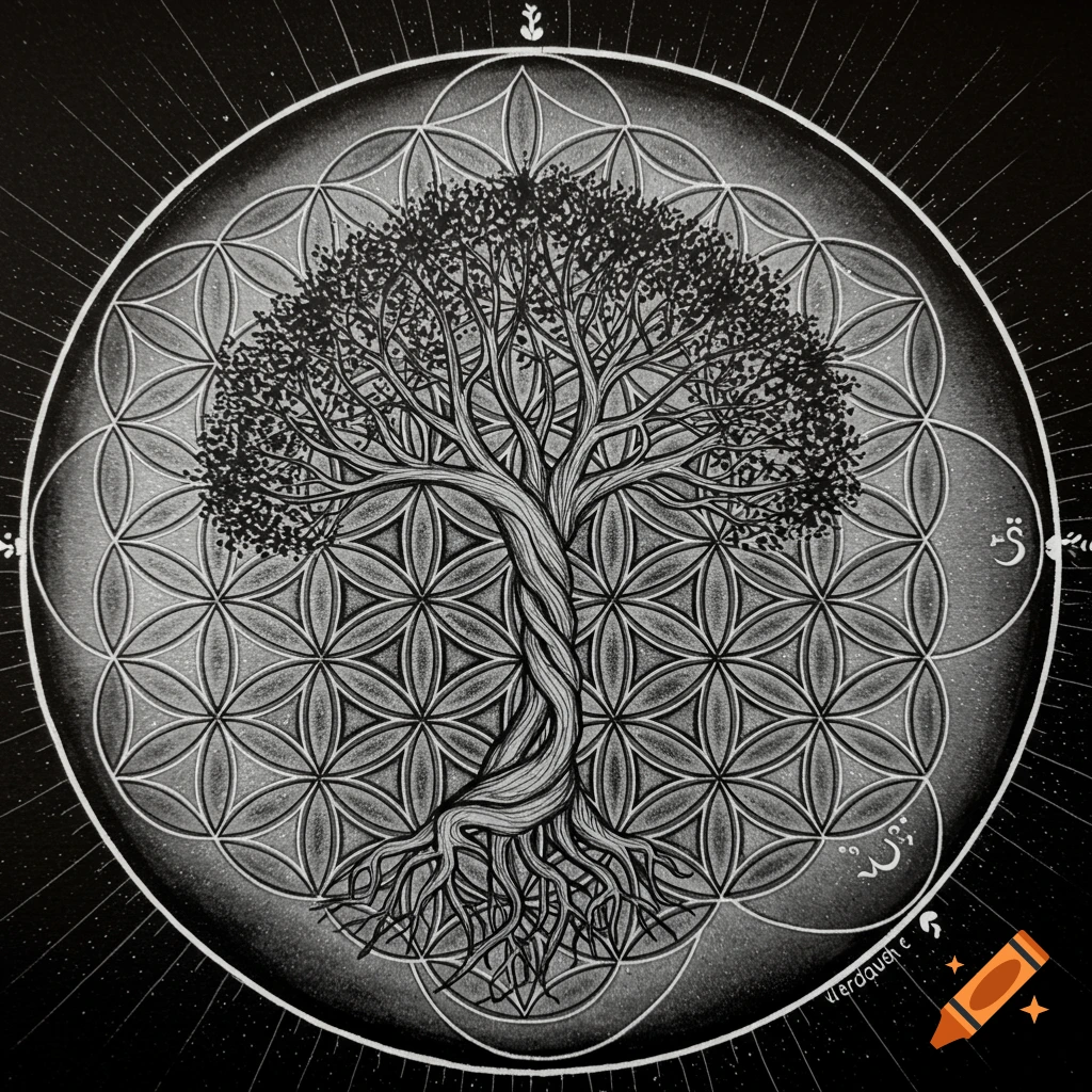 Tree of life inside flower of life sacred geometry in black and white ...