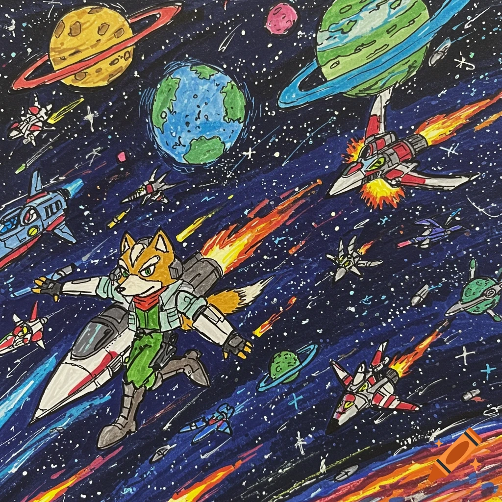 Starfox space fight, drawn by a child in pencil crayon on Craiyon