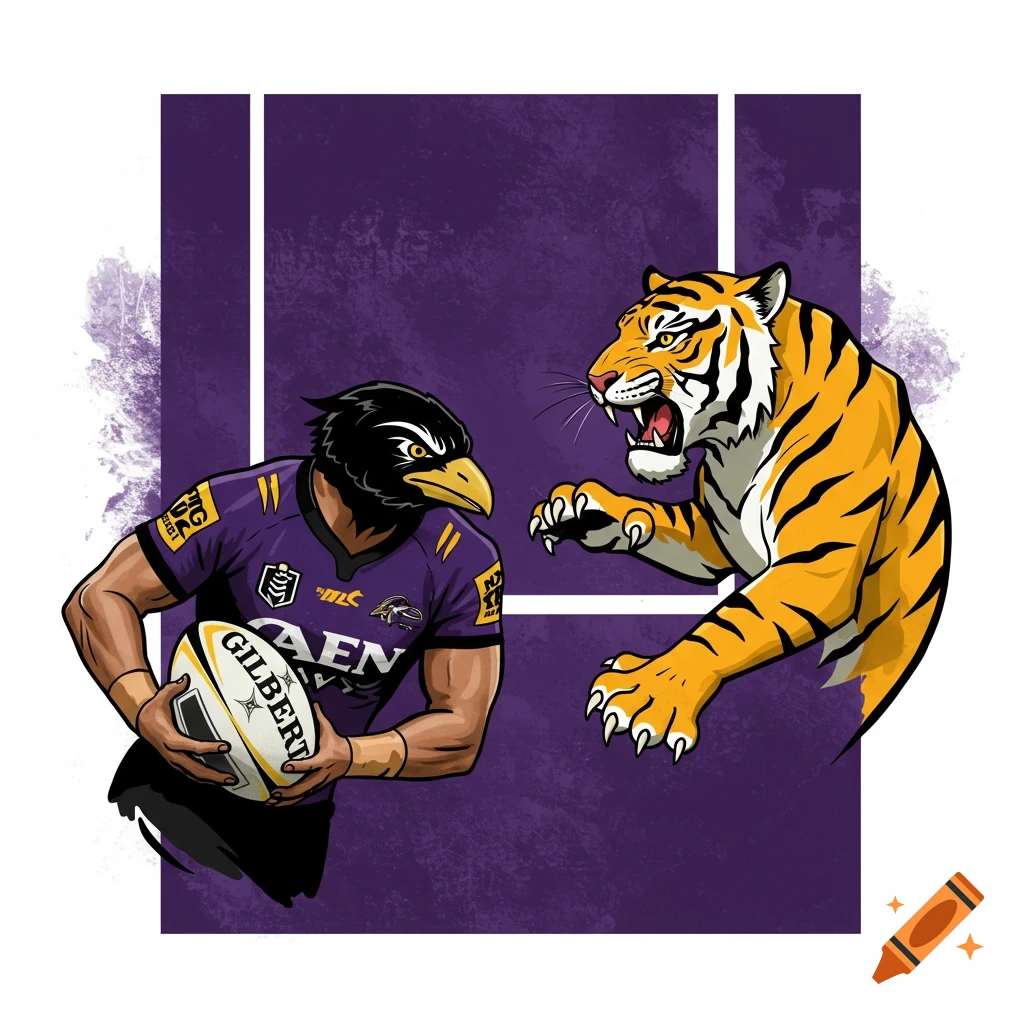 Purple raven rugby player holding Gilbert ball against yellow tiger on ...