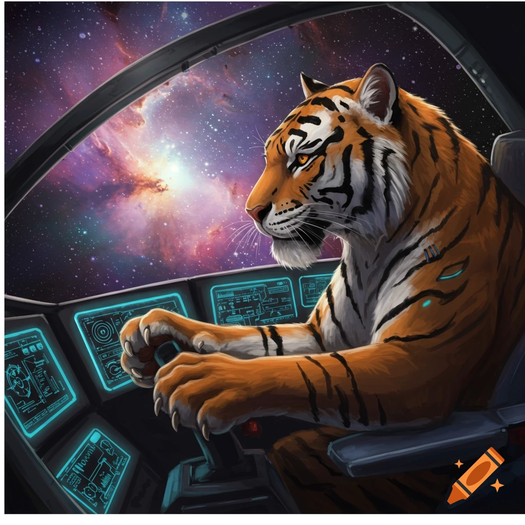 A tiger piloting a spaceship in space. on Craiyon