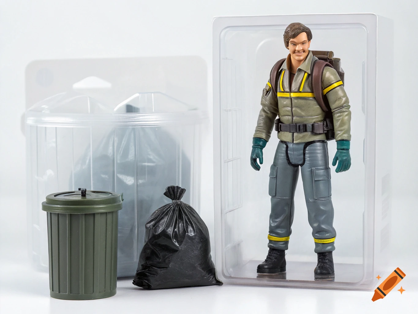 Handsome garbage man action figure in packaging with trash bags and ...