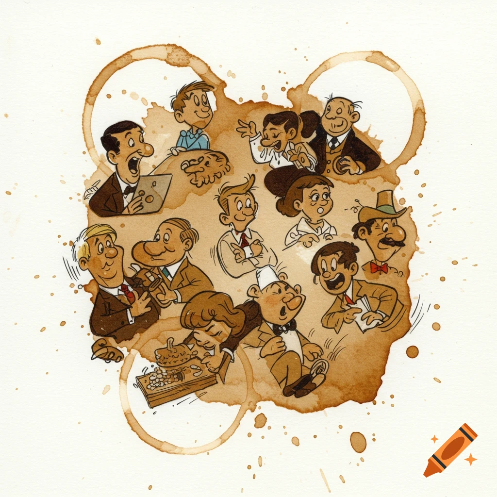 Cartoon character collage in Mad Magazine style using a coffee stain on ...