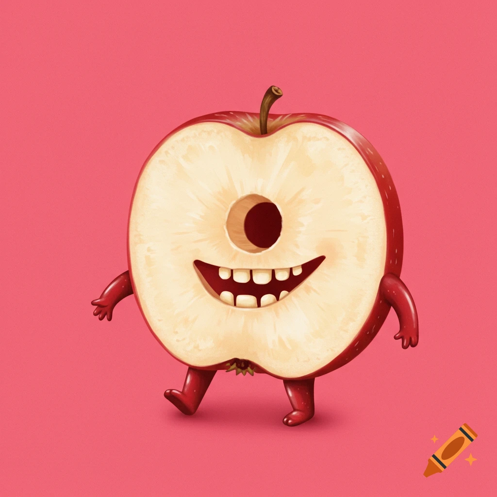 Cartoon apple slice character with an eye and mouth, standing with arms ...