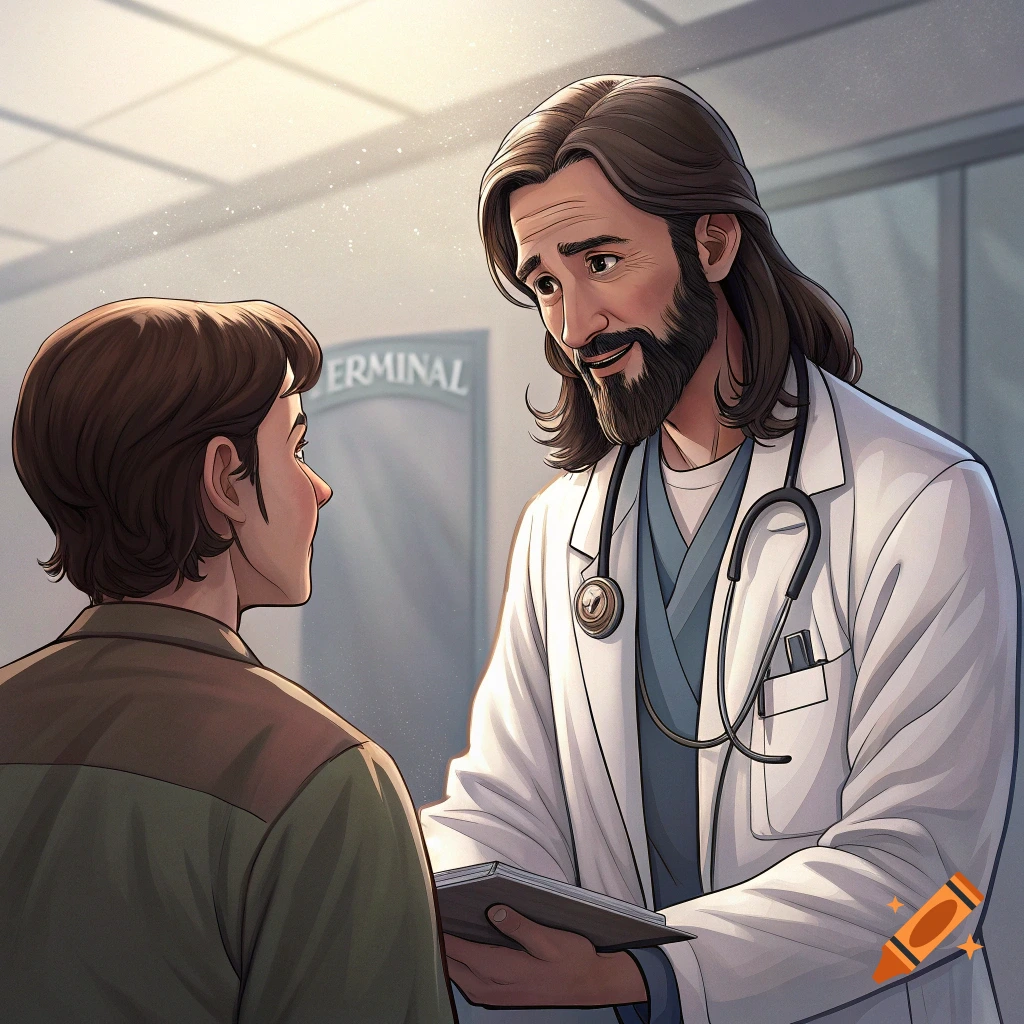 Illustration of Jesus as a doctor talking to a patient in a hospital ...