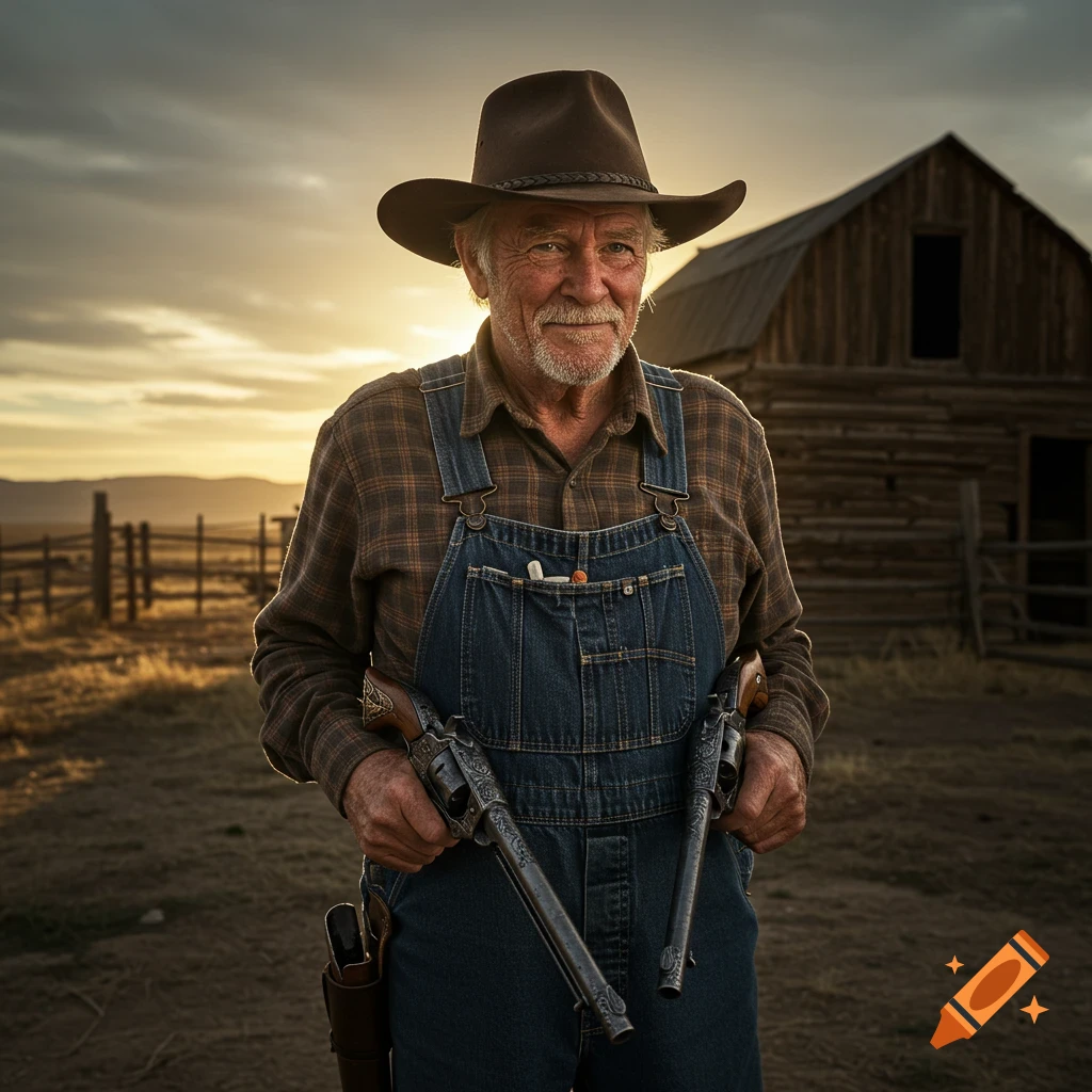A photorealistic portrait of an old cowboy in overalls and hat, holding ...