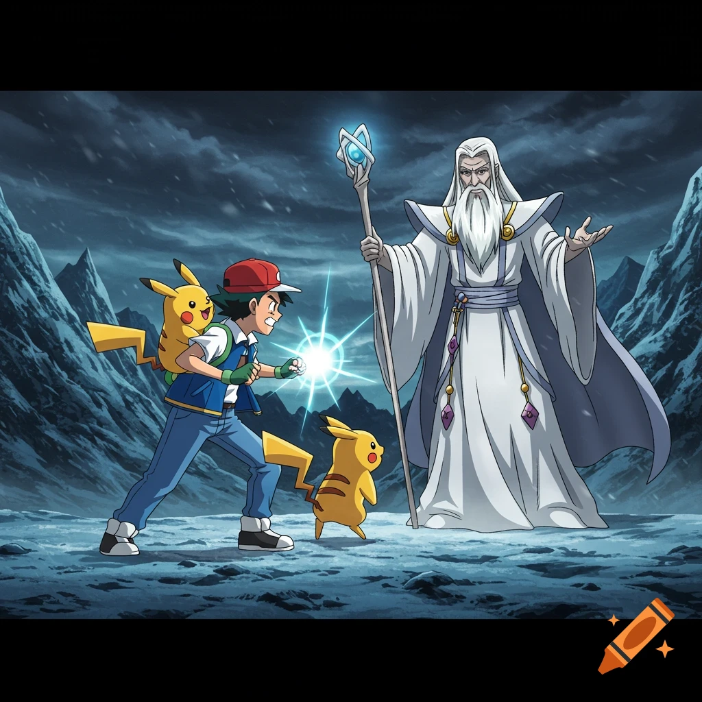 Ash Ketchum and Pikachu face off against Saruman the White on Craiyon